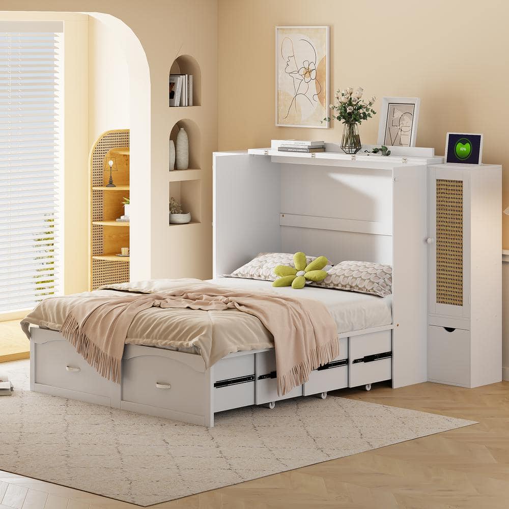 White Wood Frame Full Murphy Bed with Drawers 2 Cabinets Sockets and USB Ports Pulley Structure Rattan Decoration
