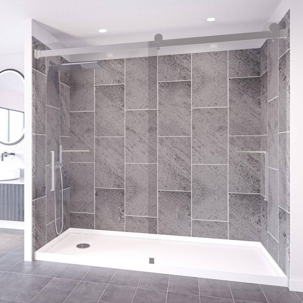 NuVo Slate Grey-Tetherow 60 in. W. x 32 in. x 83 in. Base/Wall/Door Concealed Base Alcove Shower ...