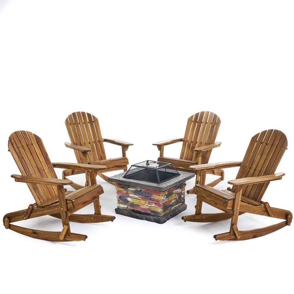 Noble House Marrion Natural Brown 5-Piece Wood Patio Fire Pit Seating ...