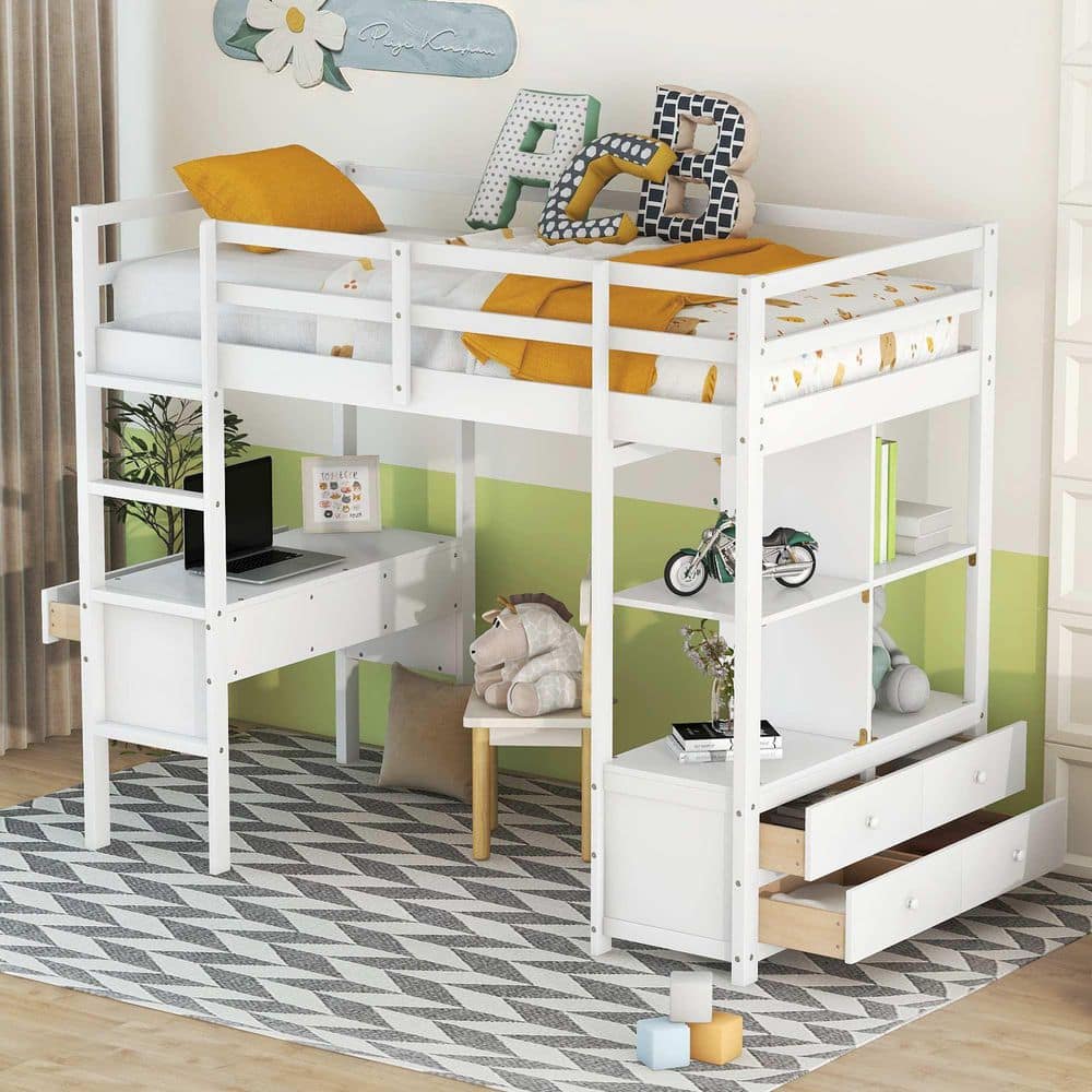 Polibi White Twin Size Wood Loft Bed with Built-in Desk with 2-Drawers, and Storage Shelves and ...