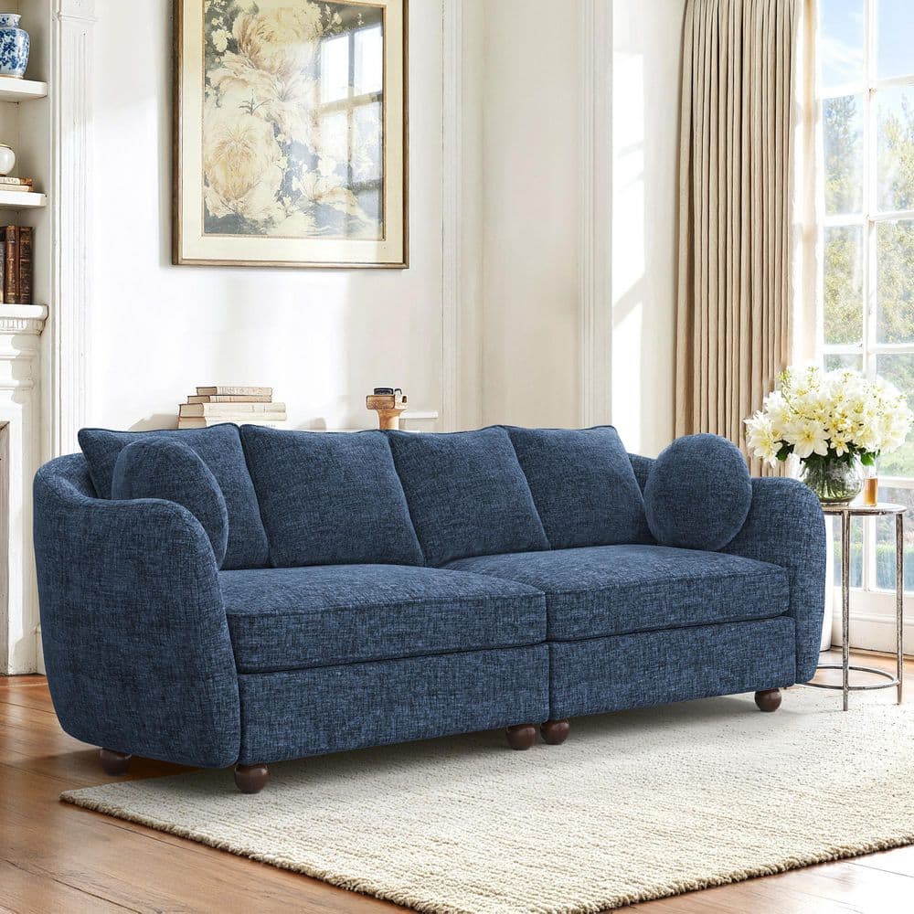 OrangeOne Gido 90 in. Blue Chenille Fabric Upholstered Round Arm Couch ...