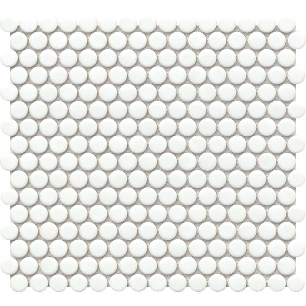 EMSER TILE Savvy White 11 in. x 12 in. Penny Glossy Porcelain Mosaic ...