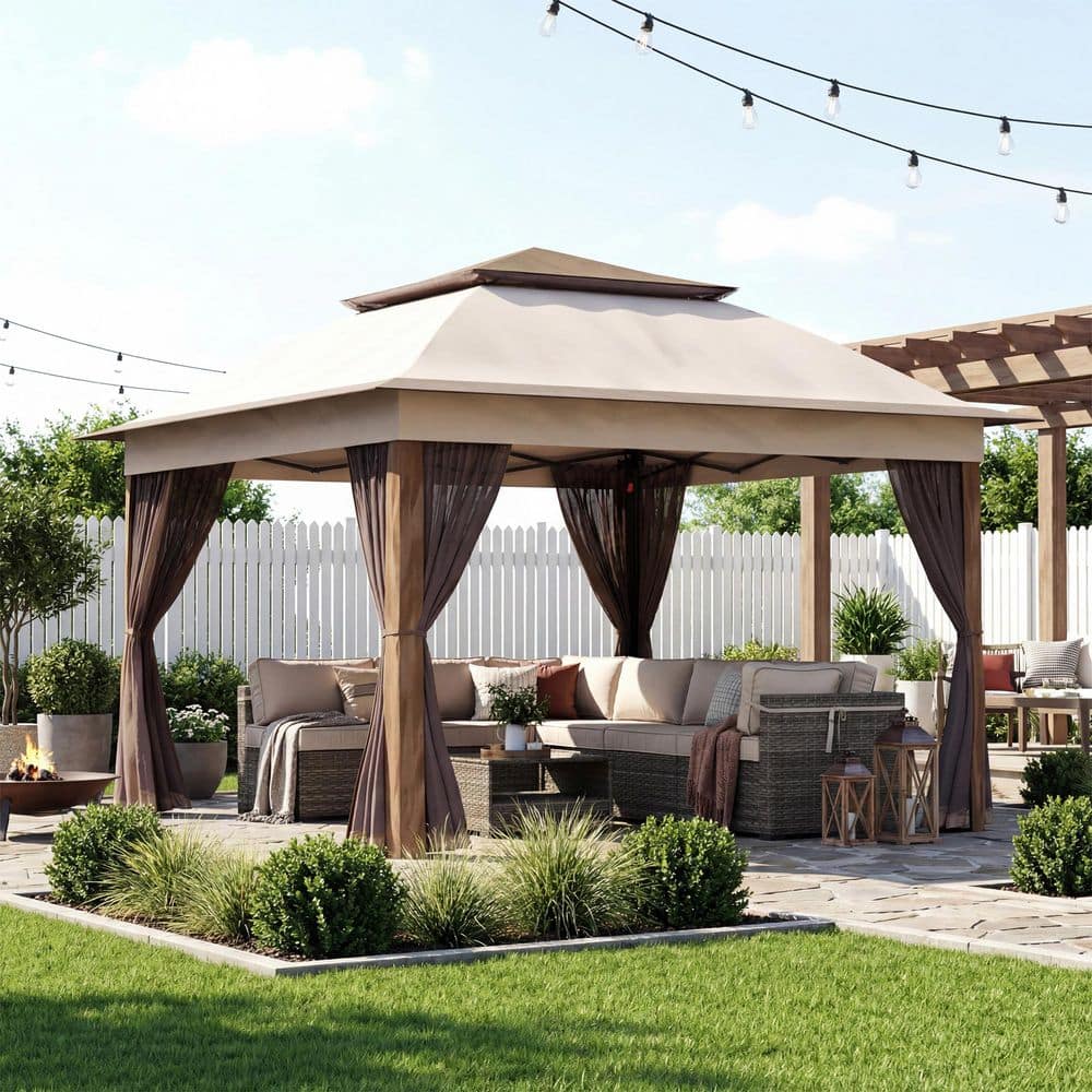Gardenbee Beige Steel Portable Pop-Up Gazebo with Mosquito Netting 11 ...