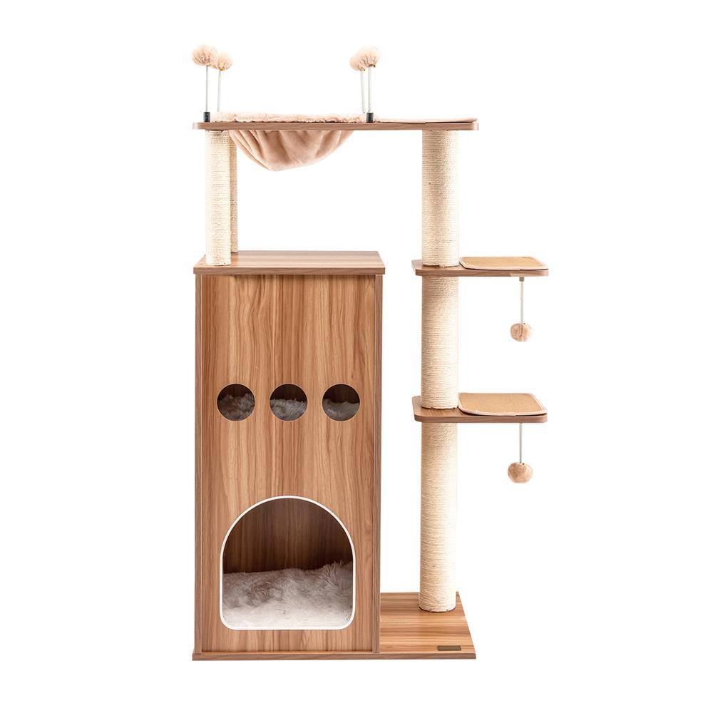 ANGELES HOME Natural Wood 52 in. Modern Multi-level Cat Play Center ...