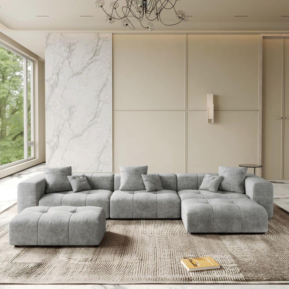 Magic Home 144 in. Oversized Square Arm Linen U Shaped Modular Sectional Sofa 3-Seater with 2 ...