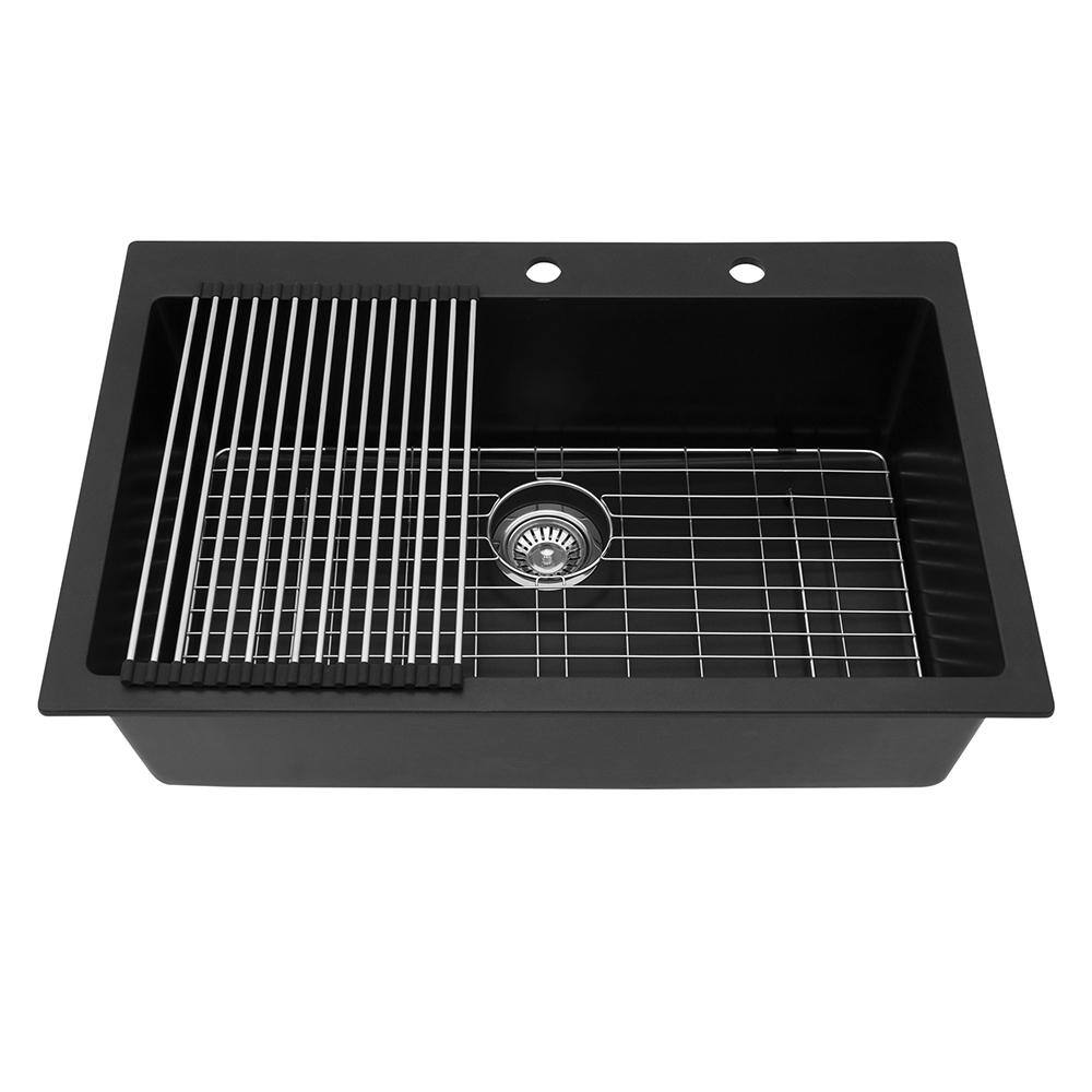 Modland Loile 33 in. L Drop-In Single Bowl Black Granite Composite ...