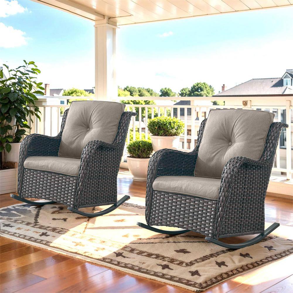 Gymojoy Carolina Brown Wicker Outdoor Rocking Chair with Gray Cushions ...