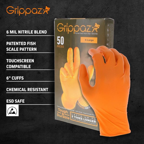 GRIPPAZ Large Orange 6 mil Thick 100% Nitrile Disposable Work Gloves ...