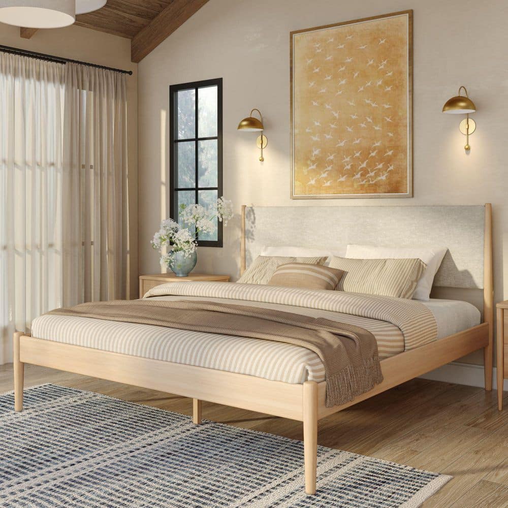 PLANK+BEAM Harbor Beige Wood Frame King Platform Bed with Upholstered ...