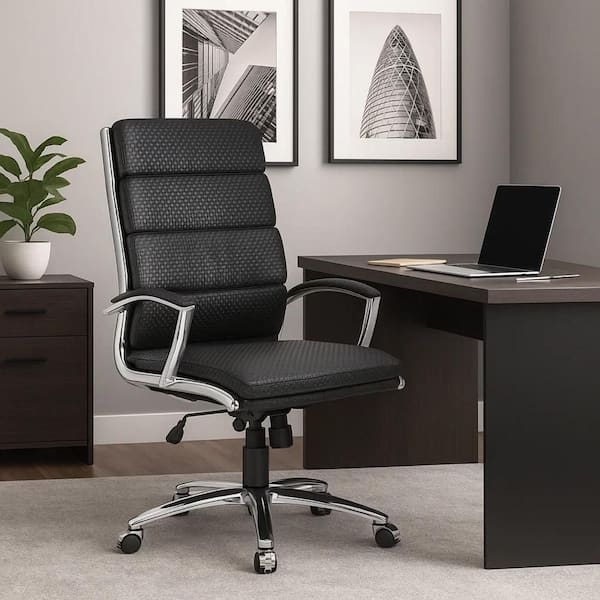 Benjara Dave Vinyl Swivel Executive Chair in Black and Chrome with Arms ...