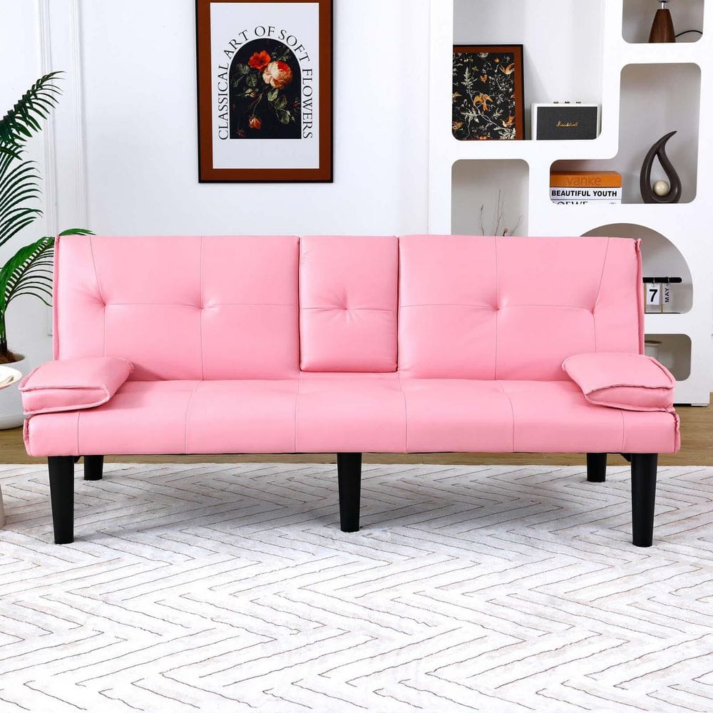 67 in. Pink PVC Leather Futon Couch Sofa Bed Adjustable Recliner Love ...
