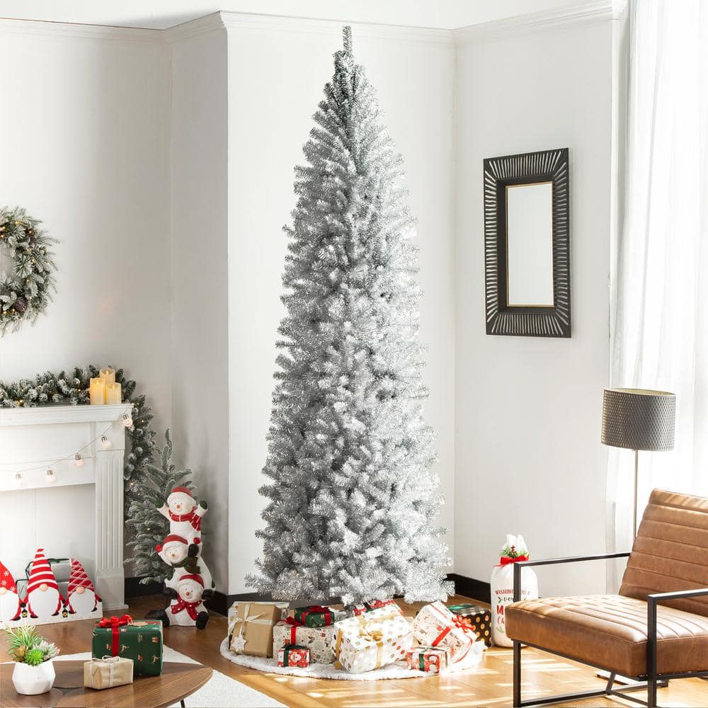 Glitzhome 9 ft. Silver Tinsel Artificial Christmas Tree 2014600100 ...
