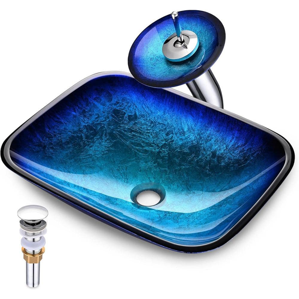YESCOM Tempered Glass Bathroom Sink Transitional Basin Waterfall Faucet ...