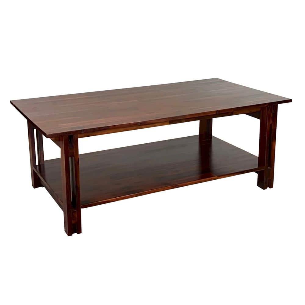 48 in. Mahogany Rectangle Acacia Wood Coffee Table with Shelf ...