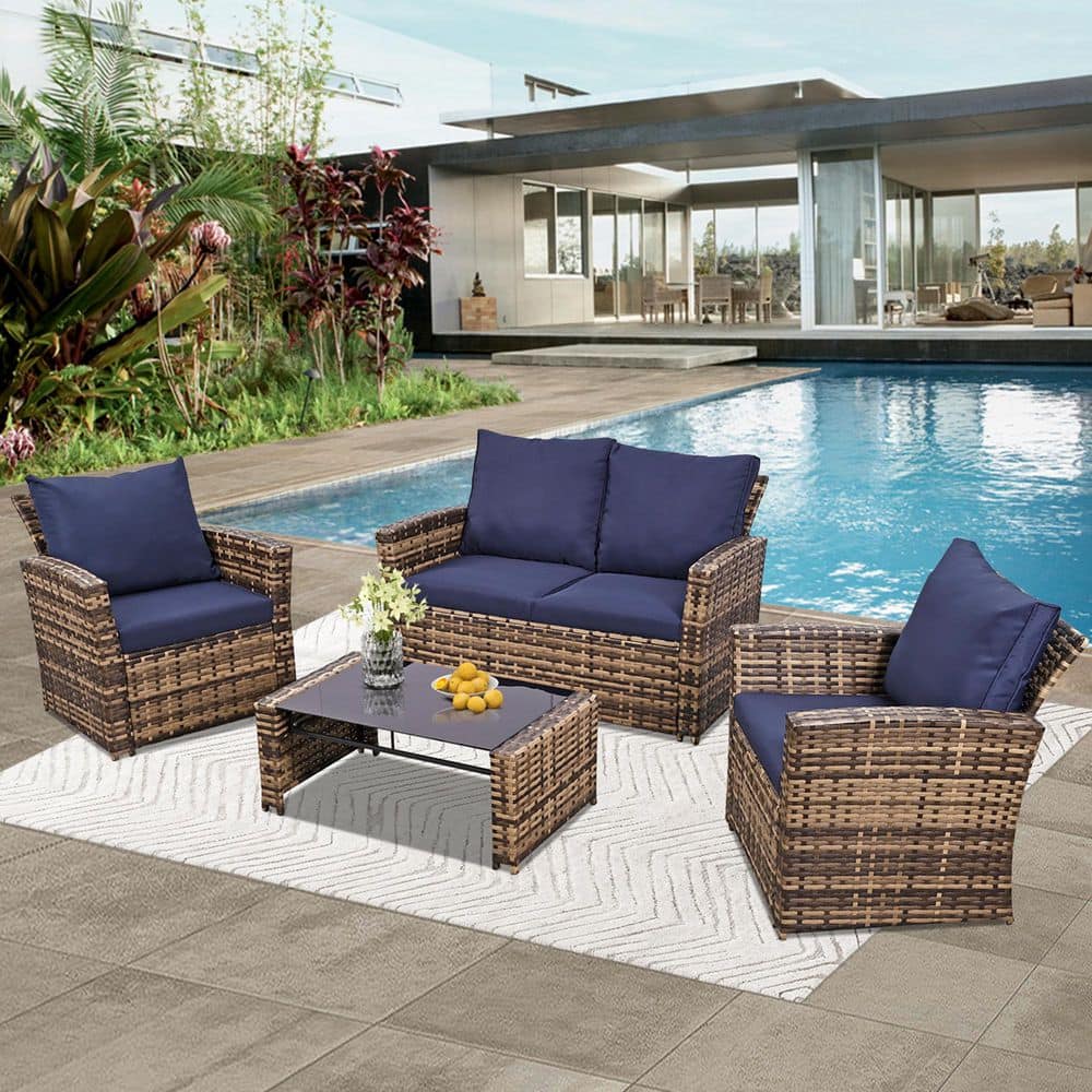 Yellow 4-Piece Wicker Outdoor Sofa Sectional Set Conversation Set with ...