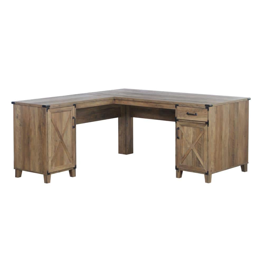 SAINT BIRCH Oxford 66 in. L-Shaped Rustic Oak Wood 1 Drawer Desk with ...