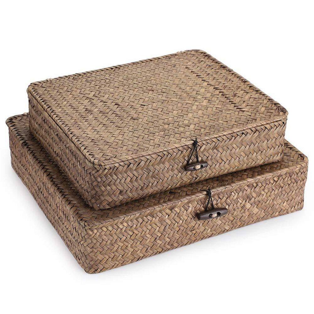 Angel Sar 2 Pack Coffee Flat Woven Wicker Storage Bins with Lid Natural ...