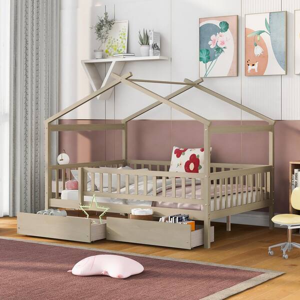 Harper & Bright Designs Natural Full Size Wood House Bed with Two ...