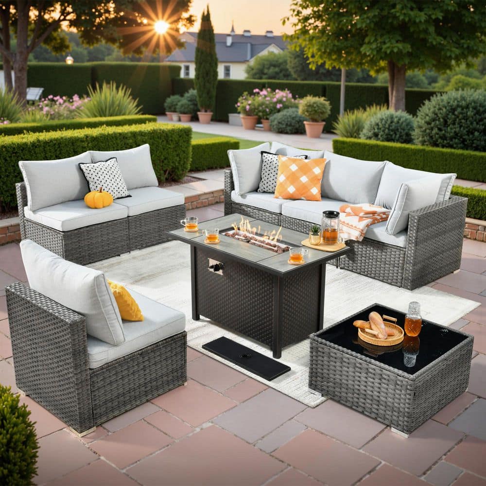 Caodoc Elora Gray 8-Piece Wicker Outdoor Sectional Set with 42"Fire Pit ...
