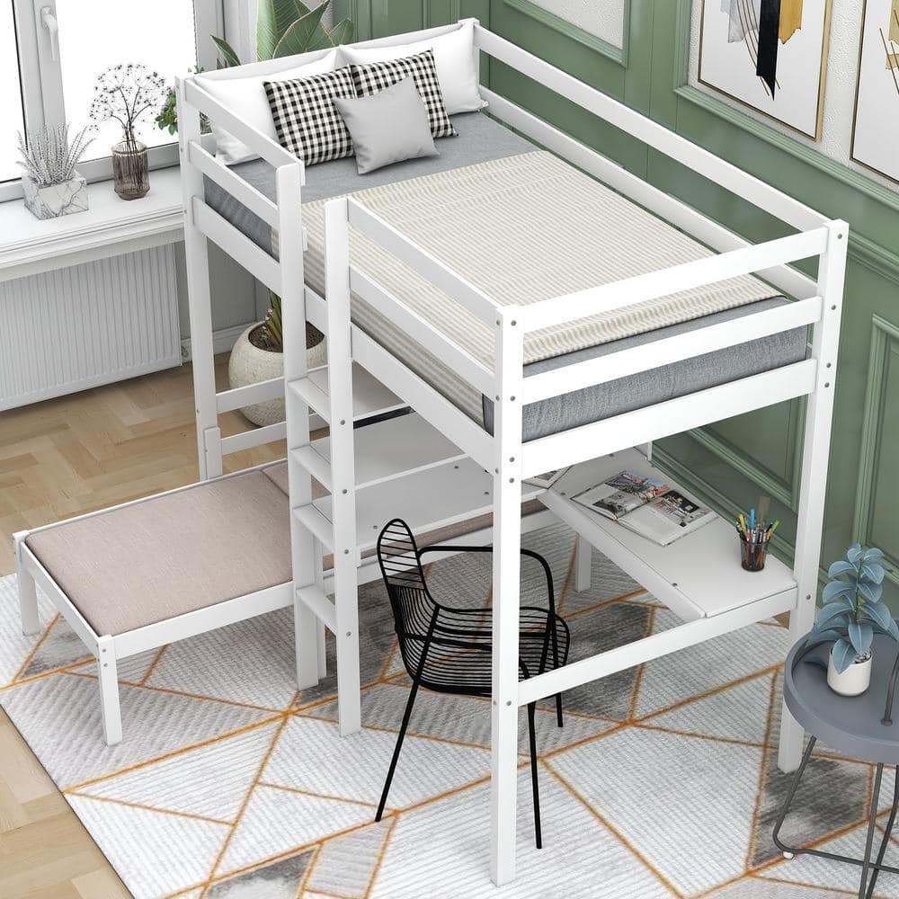 Polibi White Convertible Loft Bed with L-Shape Desk, Twin Bunk Bed with ...