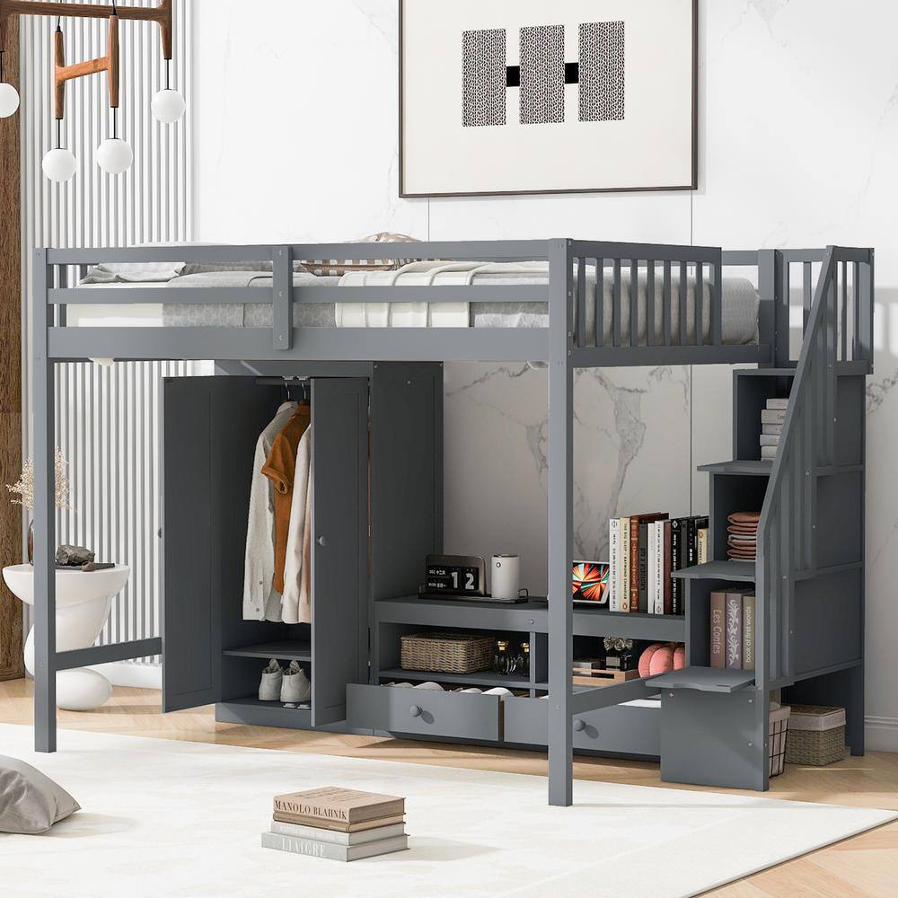 Nestfair Gray Full Size Wood Loft Bed with Wardrobe, Low Storage Table ...