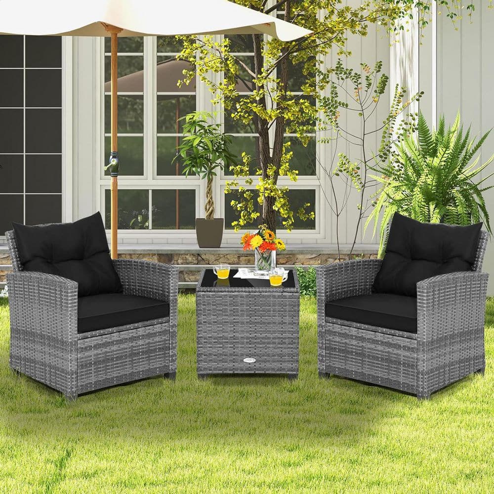 Grey 3-Piece Wicker Patio Conversation Set with Black Cushions ...