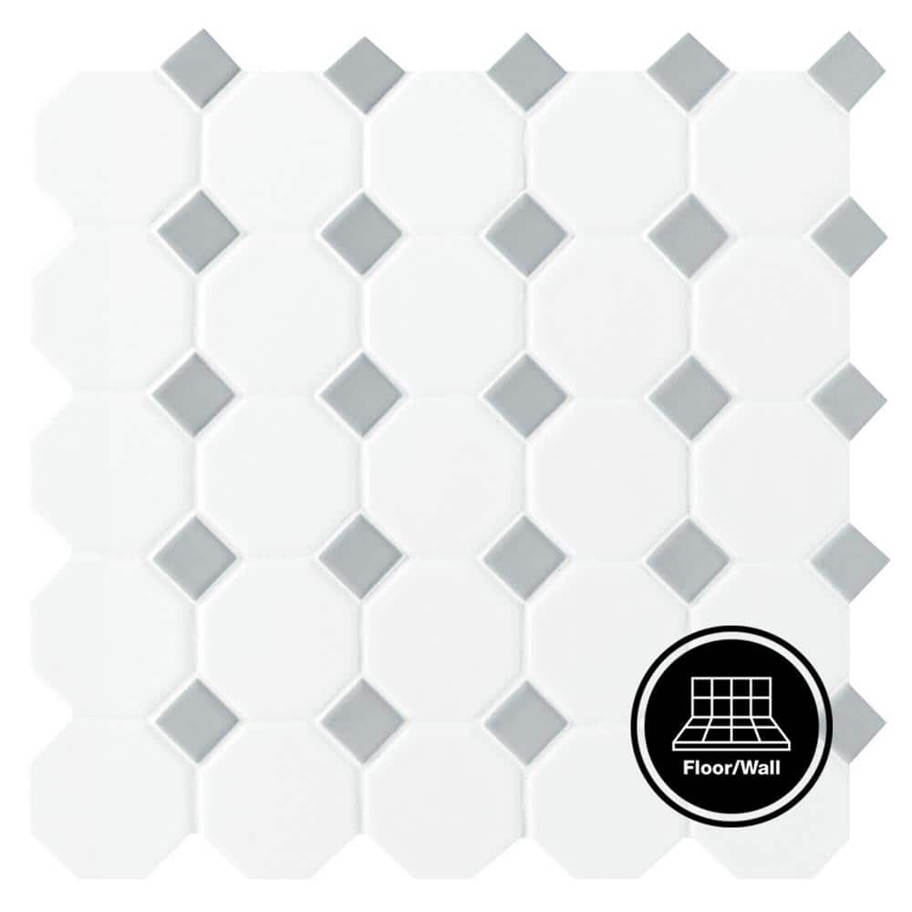Daltile Octagon and Dot Matte White with Gray Dot 12 in. x 12 in ...