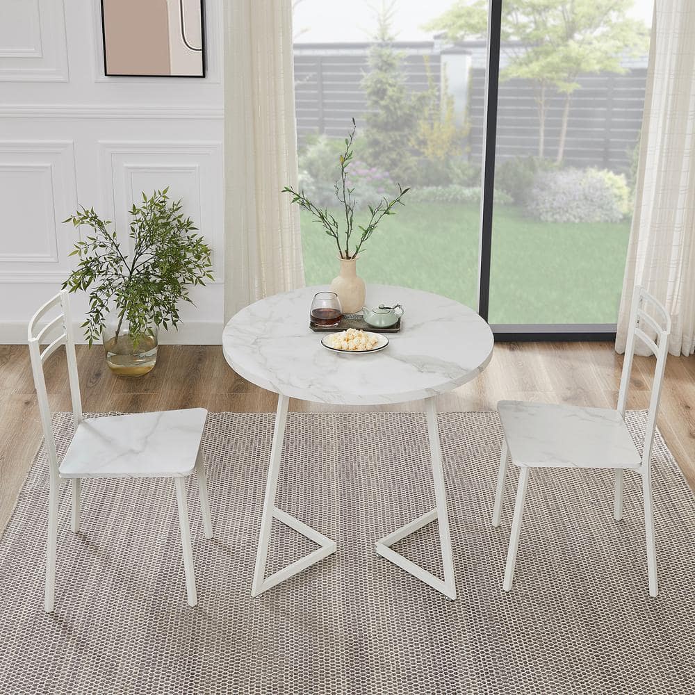 VECELO 3 Piece Dining Table Set White Marble Texture 30 in. H Modern Round Wood Top Accent Table and Chairs for Small Space THD MX TC11 MWAW The Home Depot