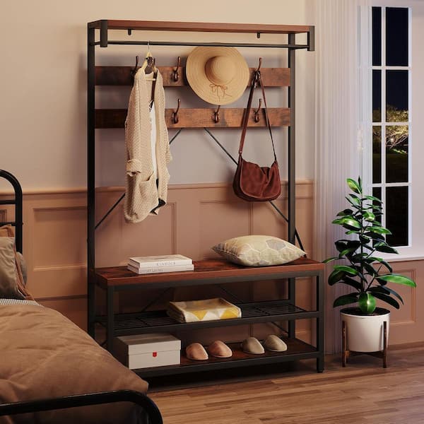 Garvee Brown Metal Wood Rectangular Coat Rack, Shoe Rack Bench with 3 ...