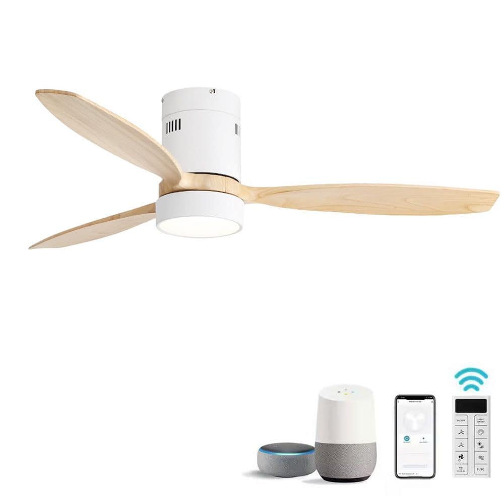 CACI Mall 52 in. Indoor Smart Standard Flush Mount White Wood Ceiling ...