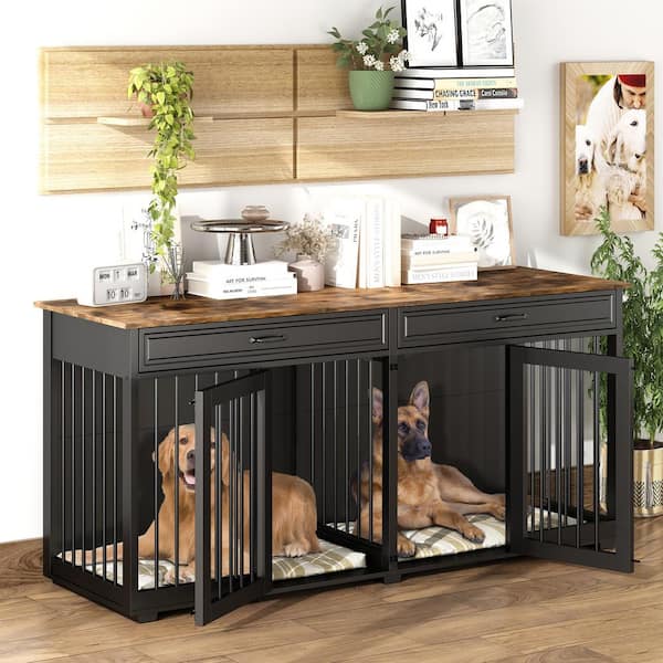 FUFU&GAGA Large Dog Crate Furniture with 2 Drawers, Indoor Wooden Double Dog Crate Kennel ...