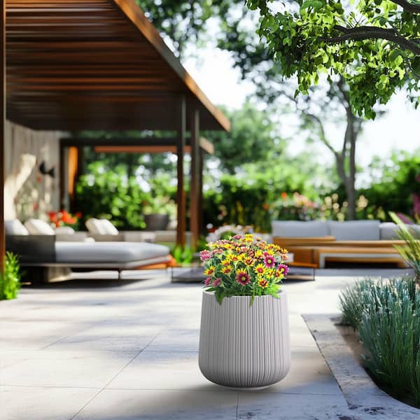 Morrava 13 in. Medium Crisp White (Enhanced Interior) Concrete Round Planter / Pot with Drainage ...