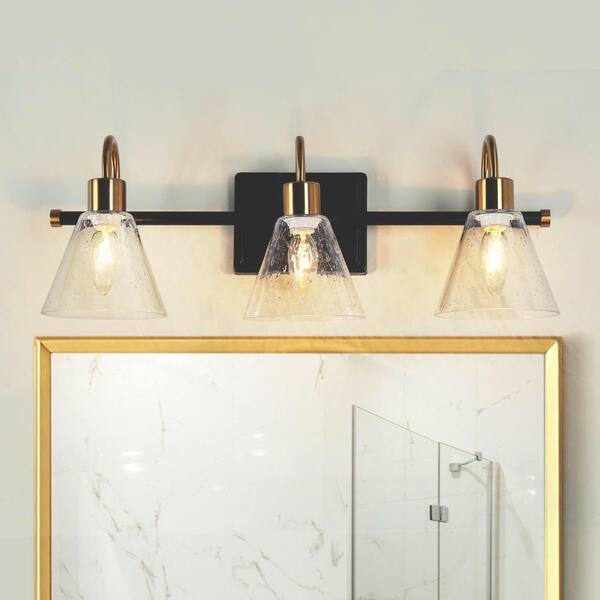 Uolfin Modern Bathroom Bell Vanity Light 3-Light Black and Brass Powder ...