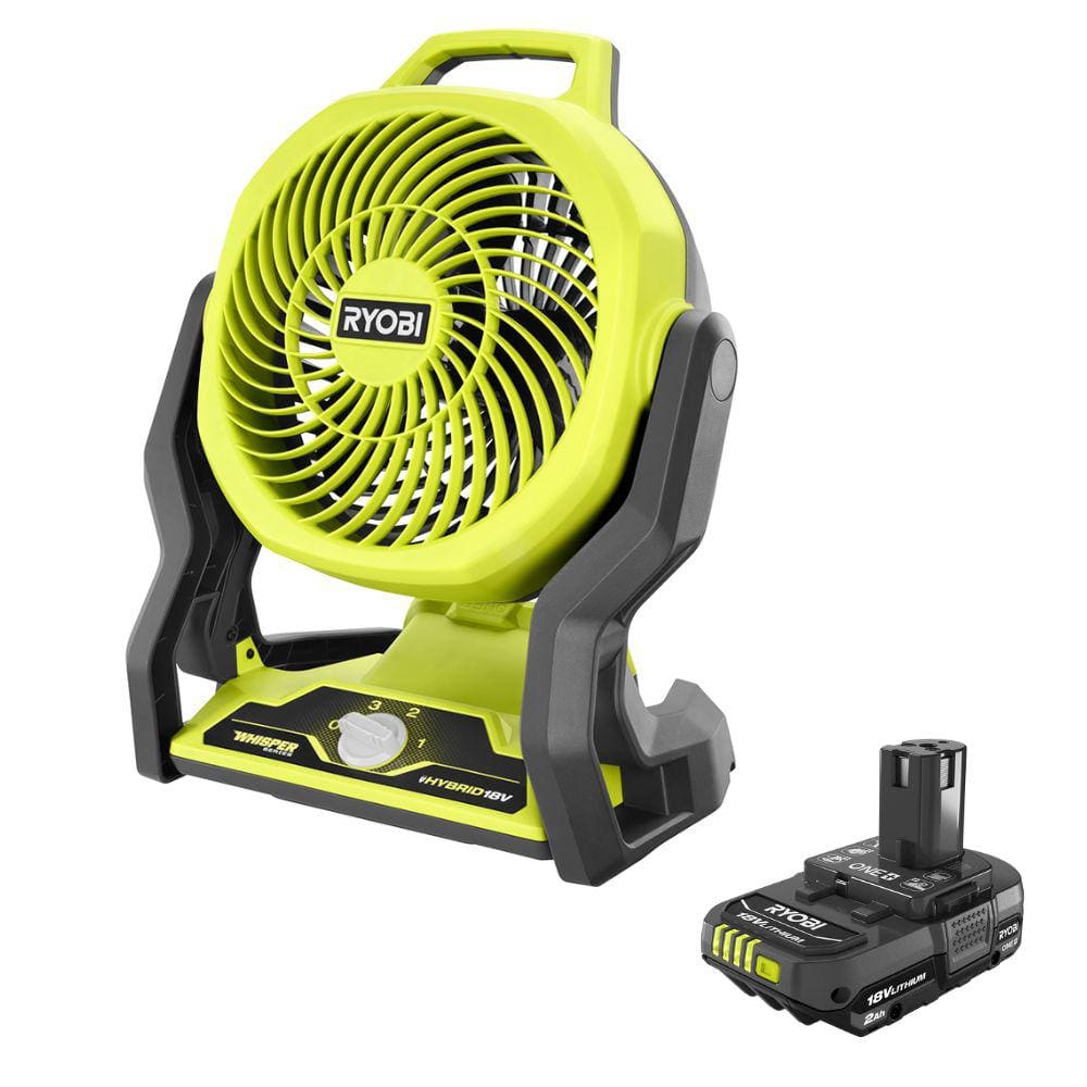 RYOBI ONE+ 18V Cordless Hybrid WHISPER SERIES 7-1/2 in. Fan with 2.0 Ah ...
