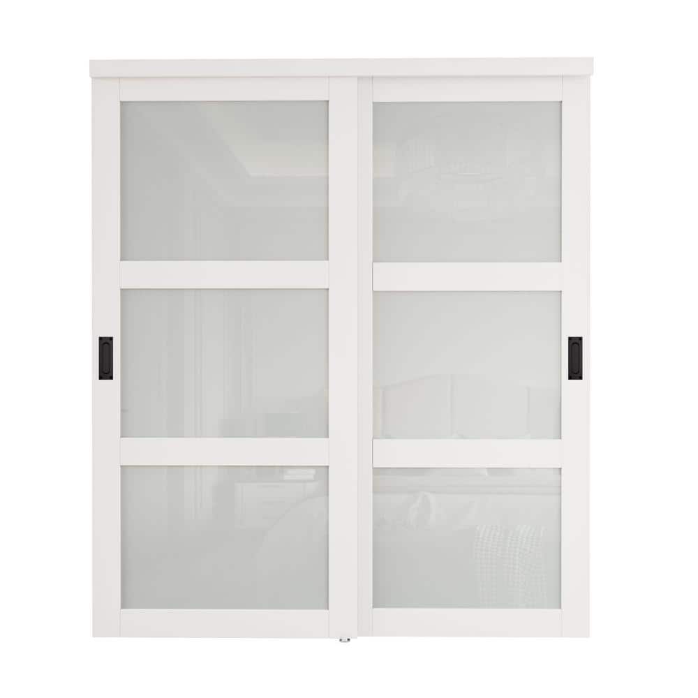 ARK DESIGN 72 in. x 80 in. 3-Lite Frosted Glass White Finished MDF Interior Closet Sliding Door ...