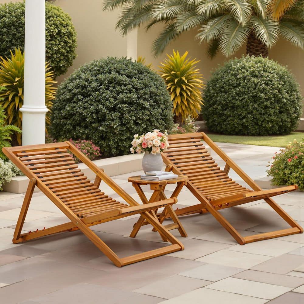 Natural 3-Piece Wood Foldable Outdoor Chaise Lounge with Side Table ...