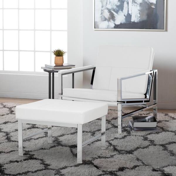 Studio Designs Home Atlas Chrome White Bonded Faux Leather Upholstery Rectangle Footstool Medium Ottoman 72156 The Home Depot