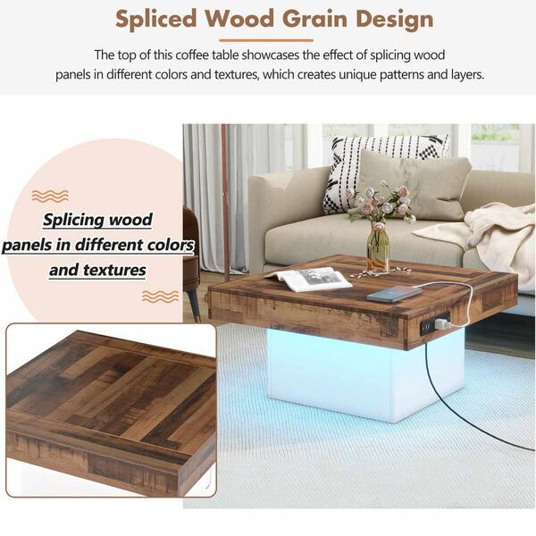 Polibi 31.4 in. White Square Wood Coffee Table with 2 USB Ports and Outlets LED Light and Charging Station RS 38787 20K The Home Depot