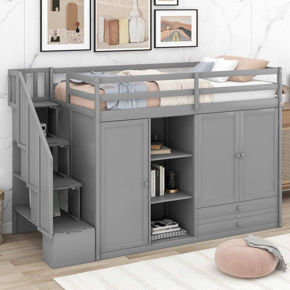 Polibi Functional Loft Bed with 3 Shelves, 2 Wardrobes and 2 Drawers, Ladder with Storage, No ...