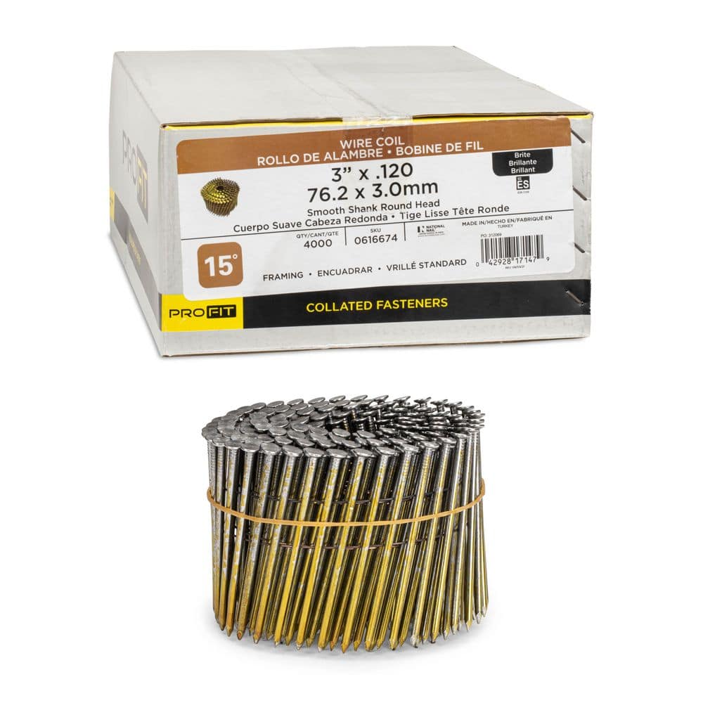 PRO-FIT 3 in. x 0.120 15° Bright Finish Smooth Shank Wire Coil Framing ...