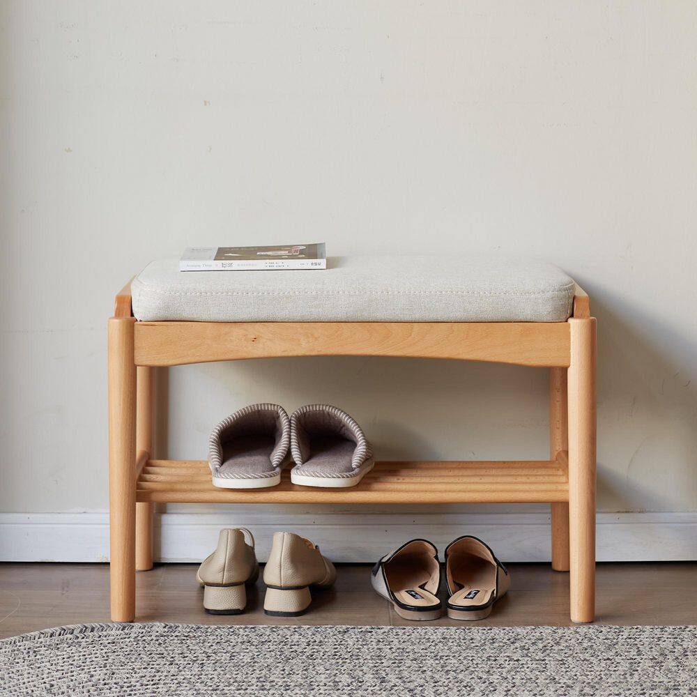 Noble House Annette 23.6 in. W Natural Solid Wood Shoe Bench with Grey ...