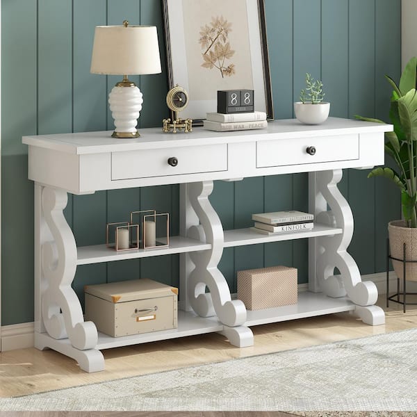 Qualler 54 in. White Rectangle Wood Console Table with Shelves and ...