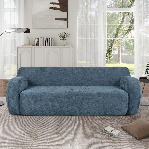 Straight Arm Polyester Curved 3 Seater Casual Rectangle Sofa for Living Rooms and Apartments in Light Blue 81.5 in