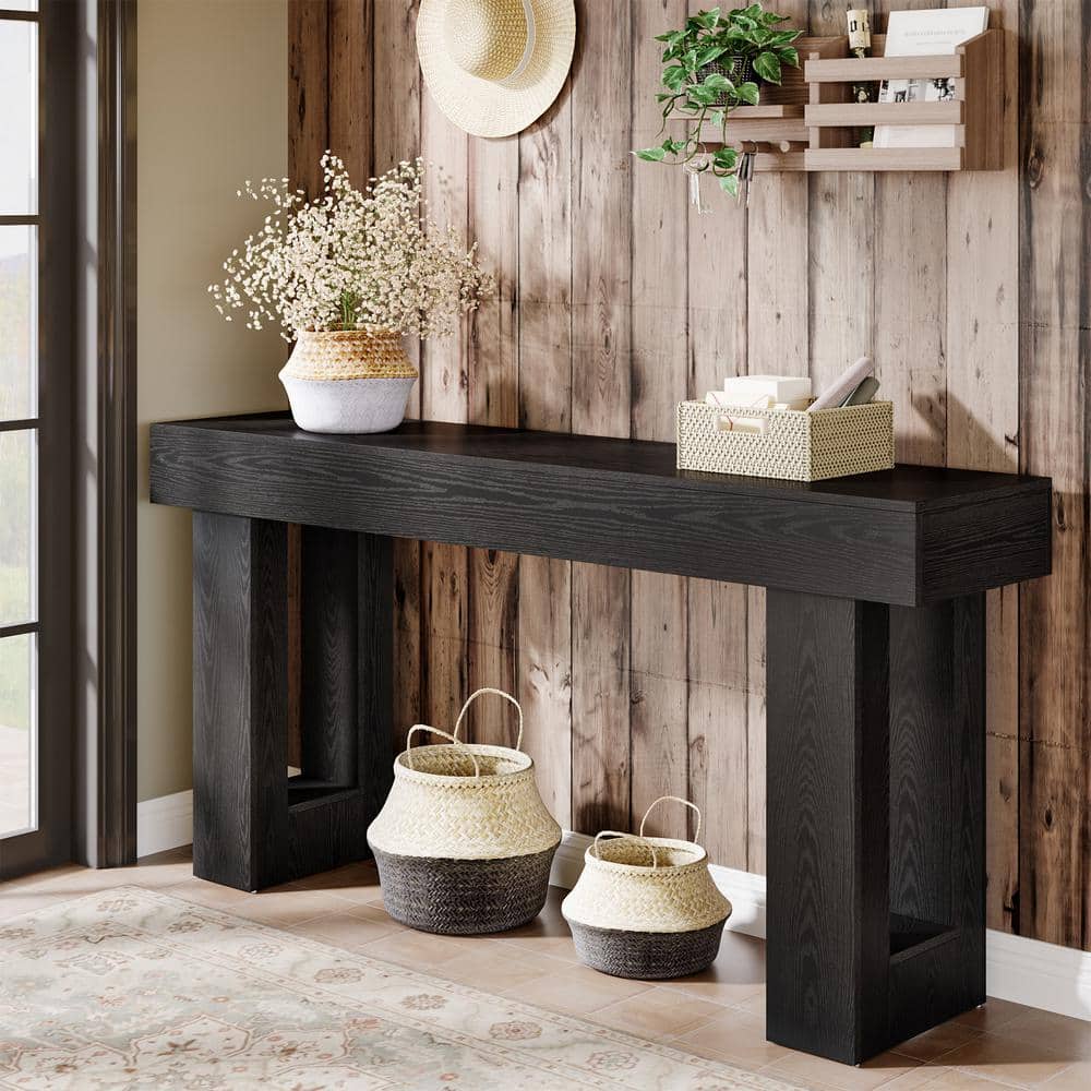 BYBLIGHT Turrella 63in. Black Sofa Table Rectangle Wood Console Table ...