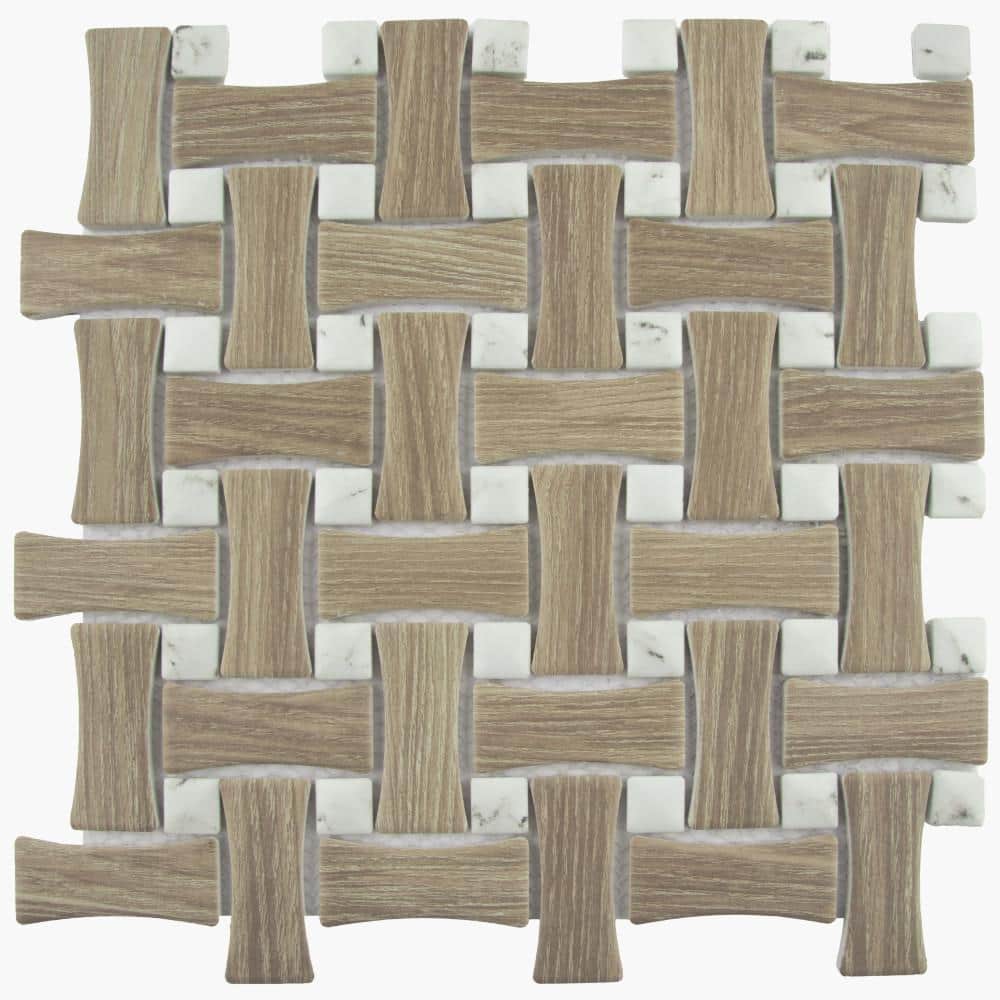Merola Tile Llama Dog Bone Basketweave Noce/Calacatta Dot 6 in. x 6 in ...