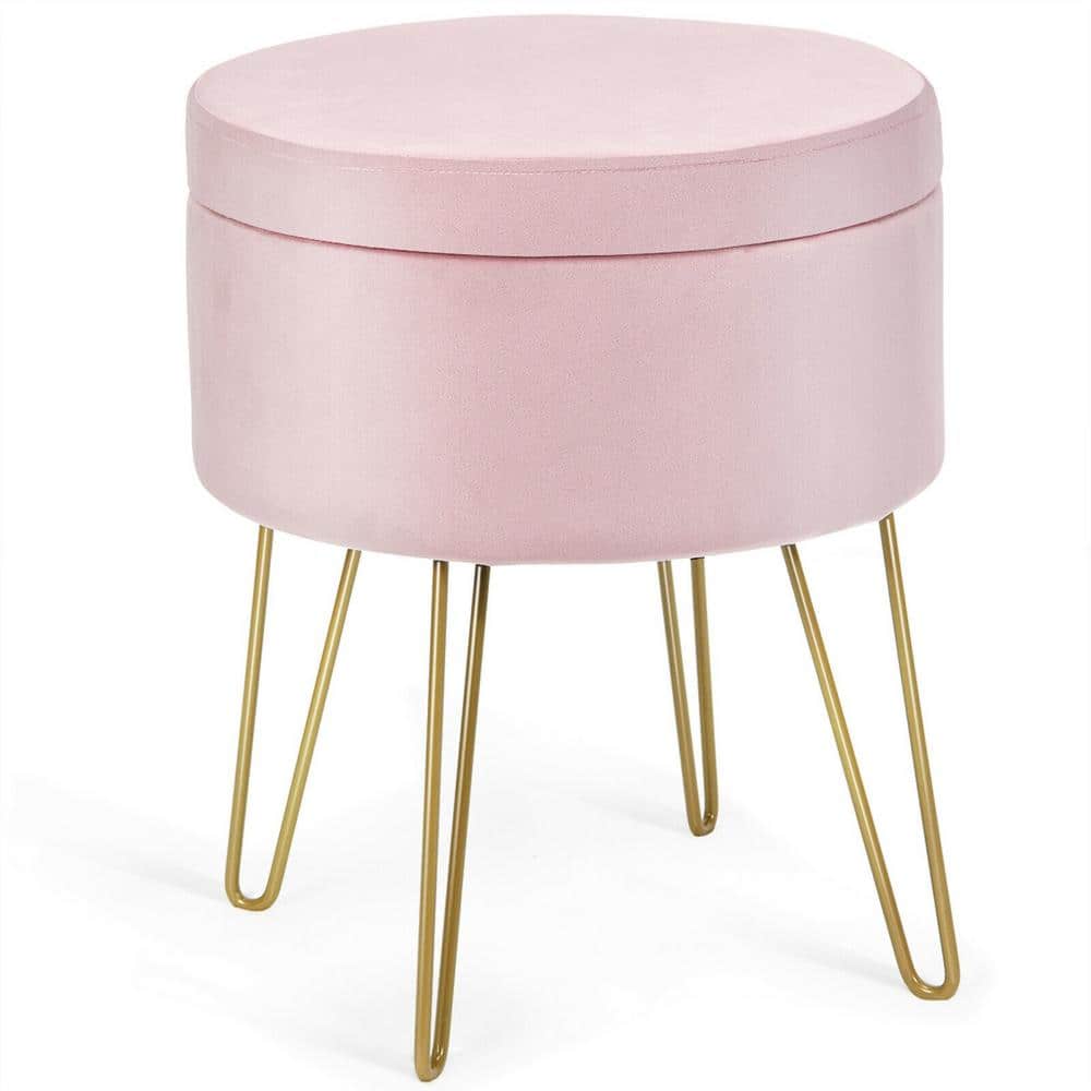 FORCLOVER Pink Flip Top Round Velvet Storage Ottoman Vanity Stool Chair ...