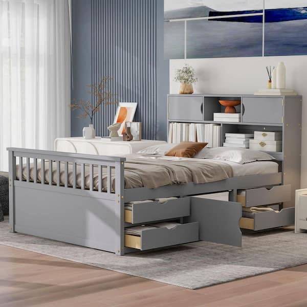Polibi Gray Wood Frame Full Platform Bed with Storage Bookcases and ...