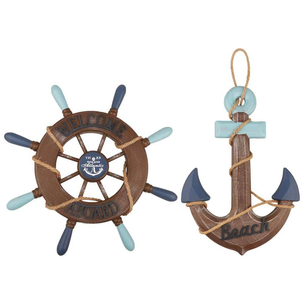 2-Piece 11 in. x 11 in. Retro Brown Nautical Wooden Ship Wheel and ...
