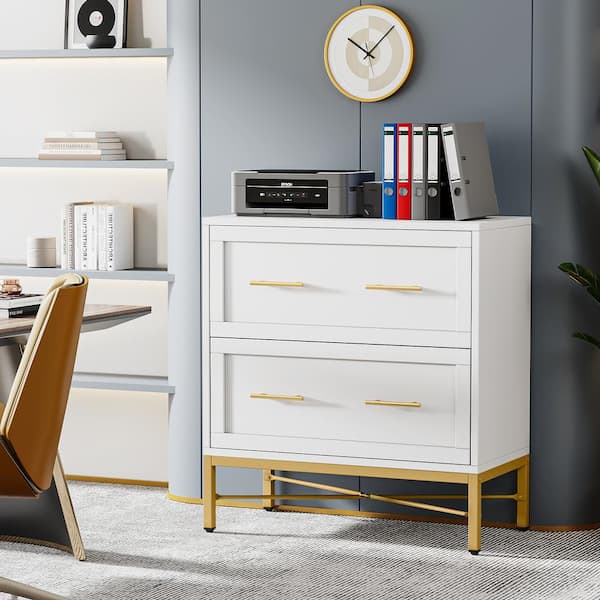 BYBLIGHT Atencio 2 Drawer White Wood 32 in. W Lateral File Cabinet Modern Gold Filing Cabinet for Letter Legal A4 Size BB J0242XF The Home Depot