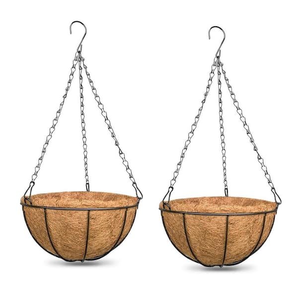 Large 12 in. Dia Black Metal Hanging Basket with Coco Liner (2-Pack ...
